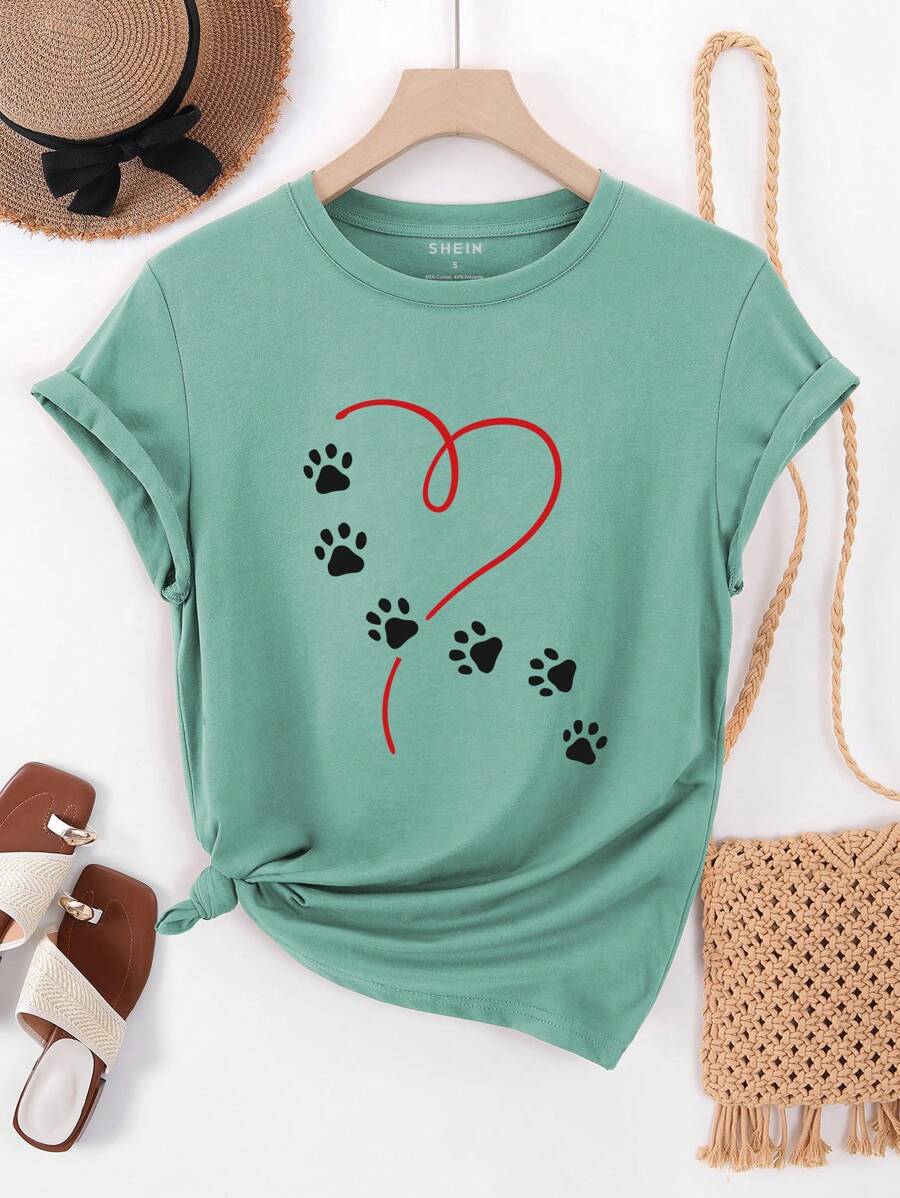INAWLY Heart And Paw Print Round Neck Short Sleeve T-Shirt, Summer ...