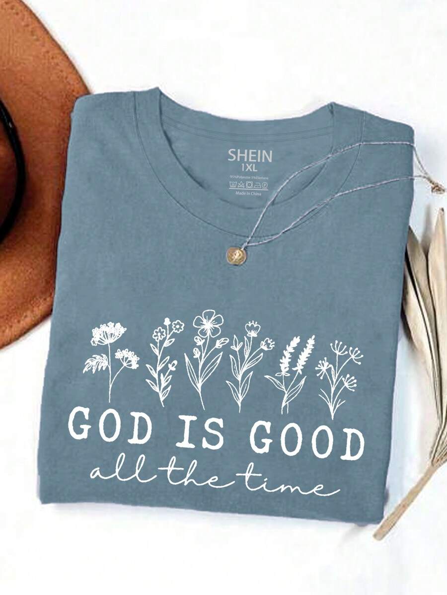 SHEIN LUNE Plus Size God Is Always Good, Wildflower Pattern Round Neck ...