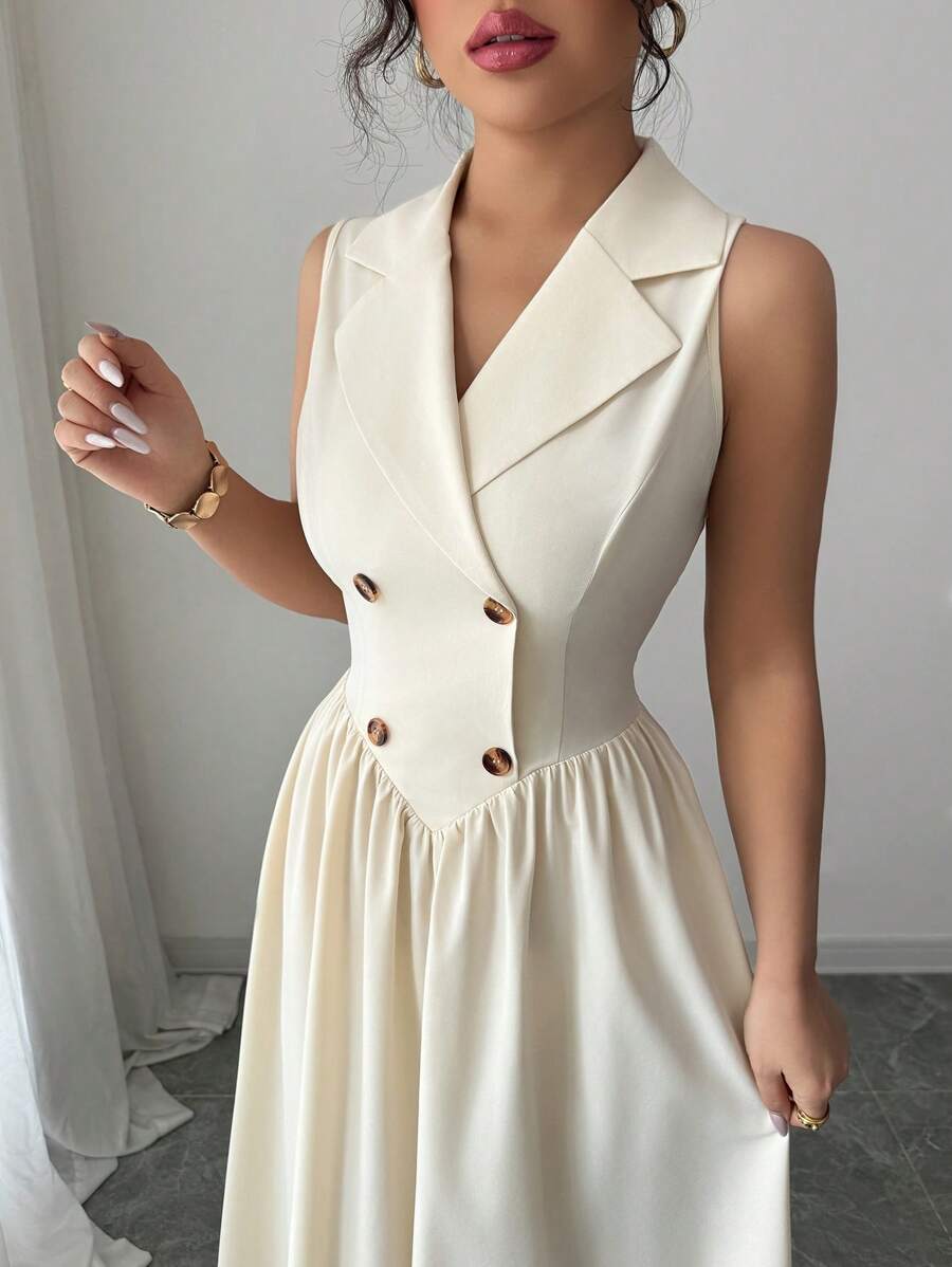 Gloray Vintage French Style Solid Color Waist Cinched Double-Breasted Flare Dress, Sleeveless ...