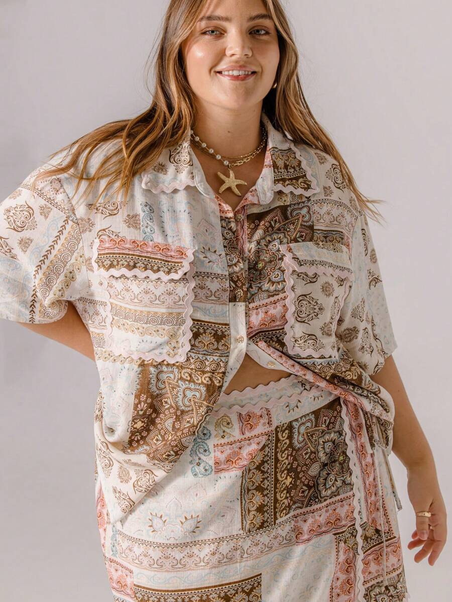 Aralina Plus Size Holiday Casual Patchwork Print Shirt And Mini Skirt 2 ...