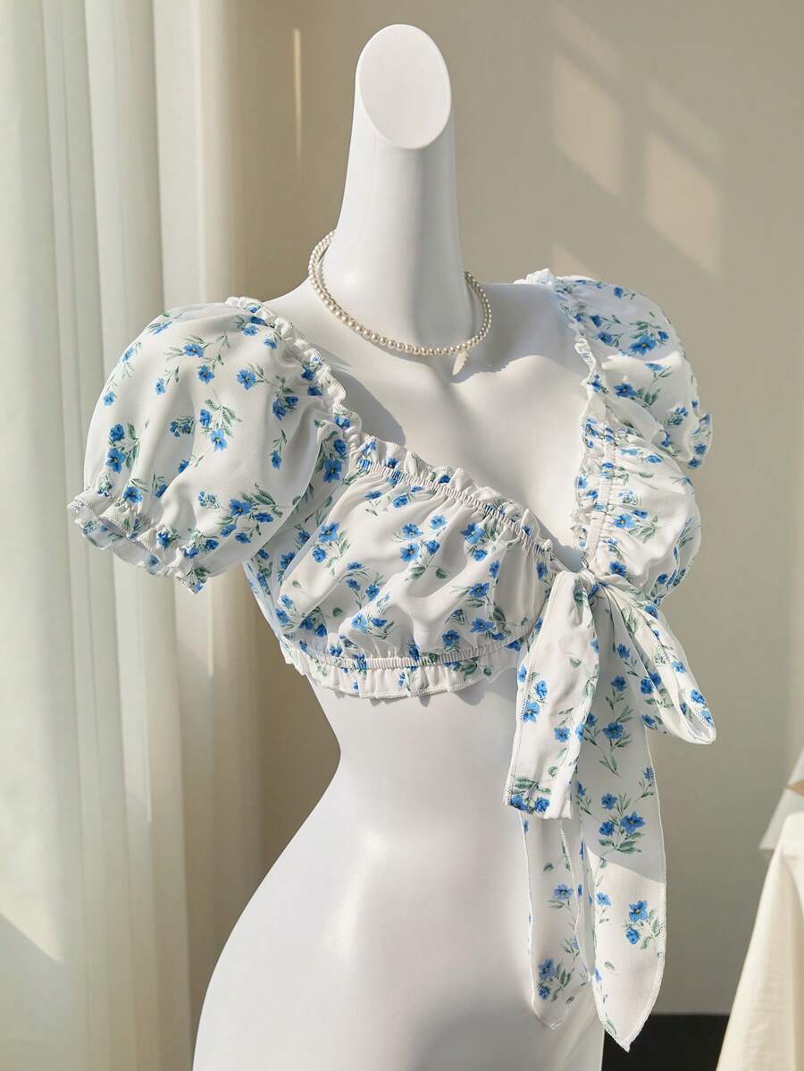 Flirla Blue Ditsy Floral Low V-Neck Ruffle Tie Front Design Puff Sleeve ...