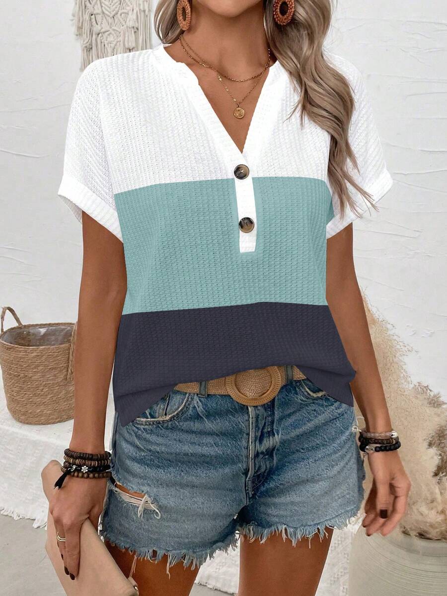 SHEIN LUNE Vacation Casual Colorblock Cutout Neck T-Shirt | SHEIN USA