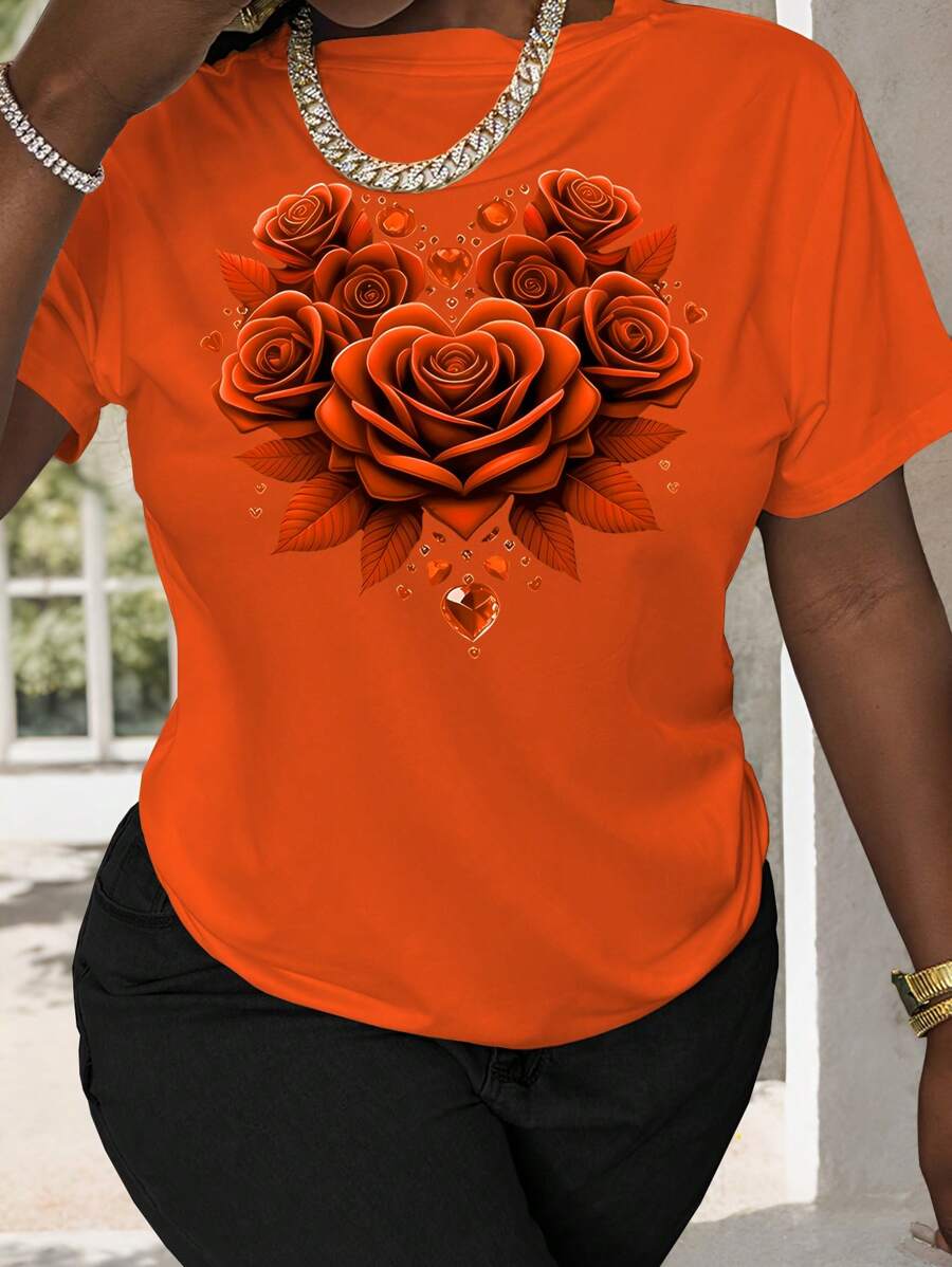 INAWLY Fitted Women's T-Shirt With Printed Red Big Rose Design, Summer ...