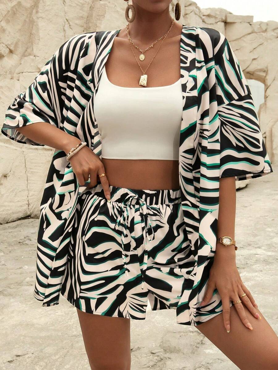 SHEIN LUNE 2 Pieces Women's Zebra Print Cardigan & Shorts Set ...