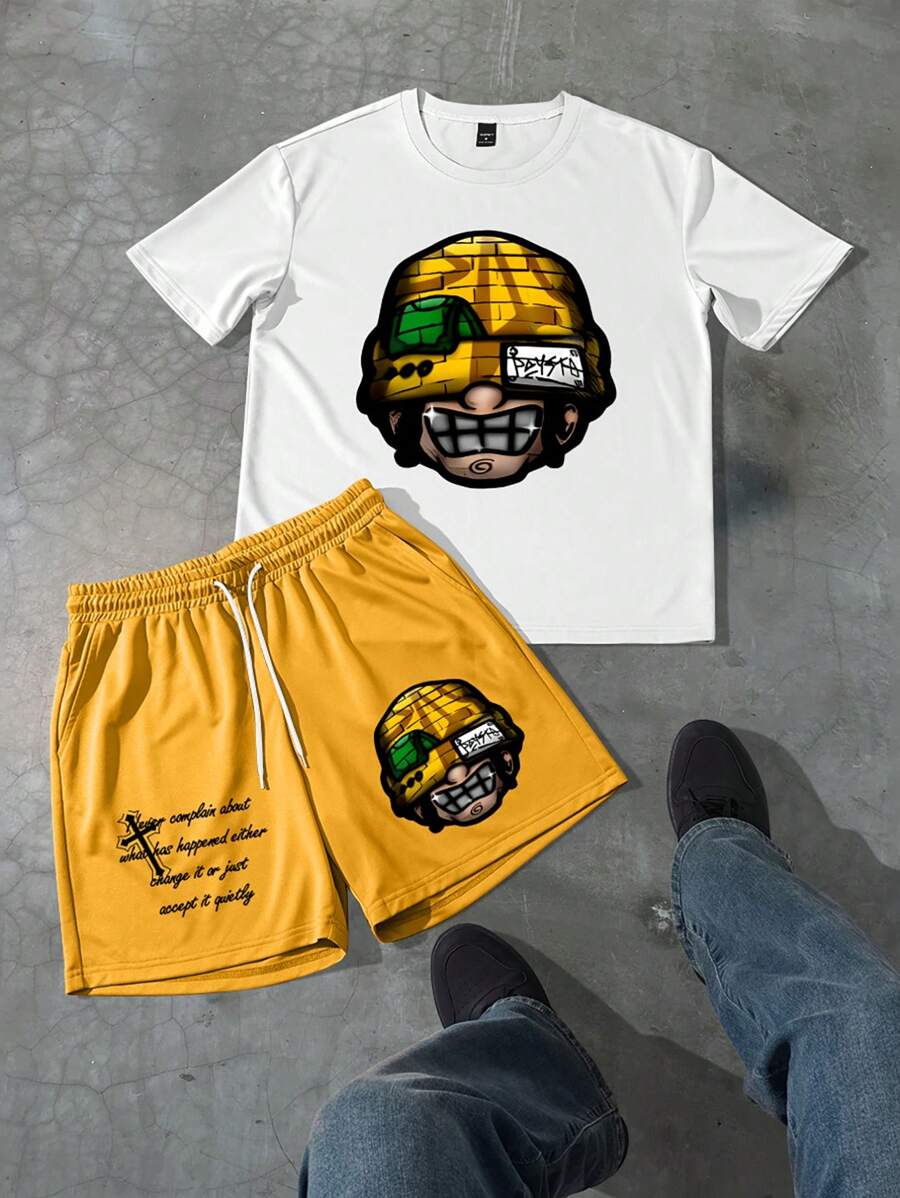 Manfinity EMRG Men's Cartoon Print T-Shirt & Slogan Print Shorts Set ...