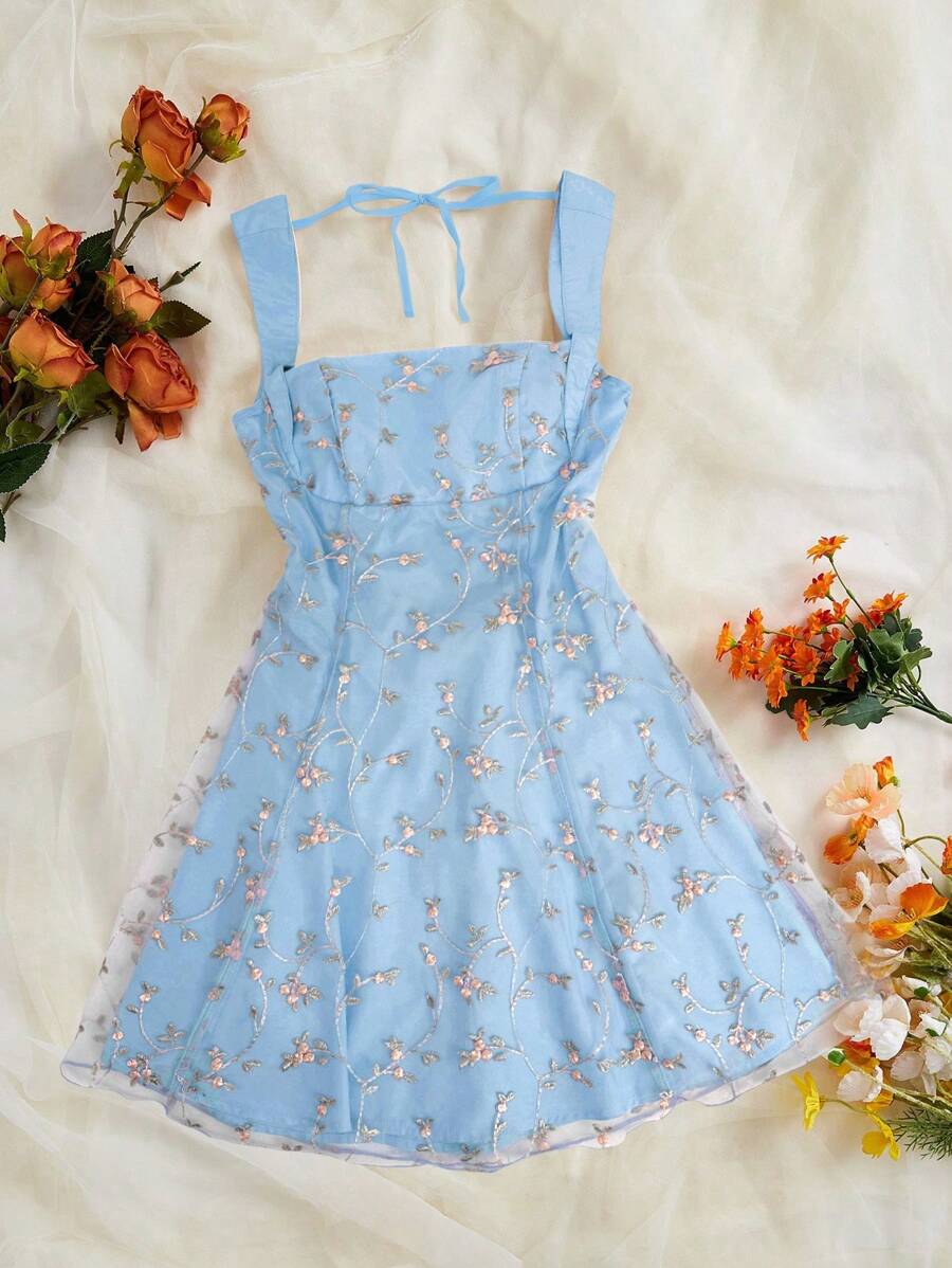 SHEIN Privé Women's Light Blue Boho Mini Dress With Delicate Floral ...