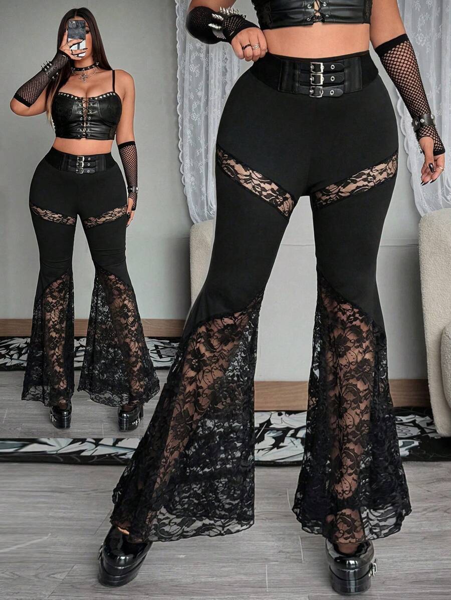 Whyspr Plus Size Grunge Punk Subculture Goth Style Black Lace Flared ...