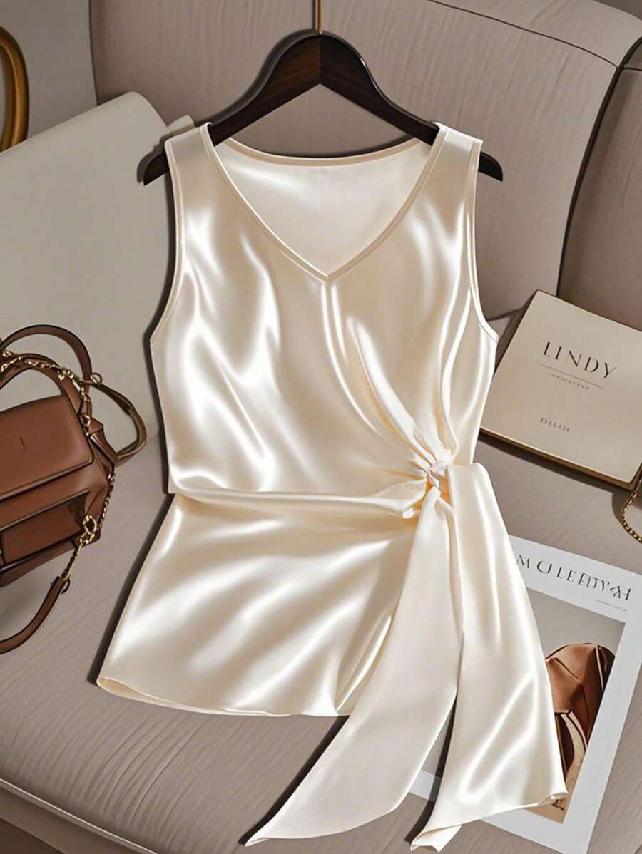 Franclia Women's Elegant V-Neck Satin Finish Peach-Colored Tank Top ...