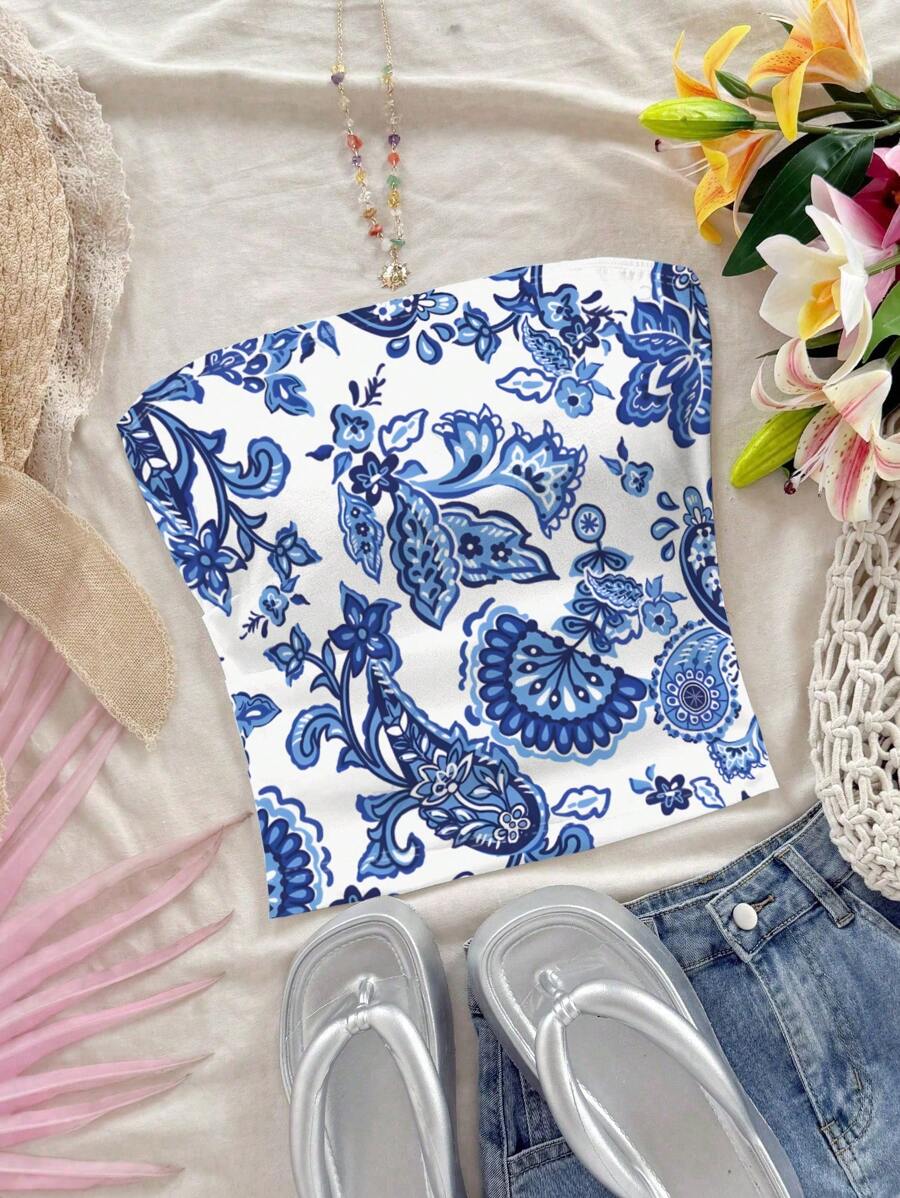 SHEIN VCAY Blue-And-White Porcelain Retro Printed Bandeau Top For Women ...