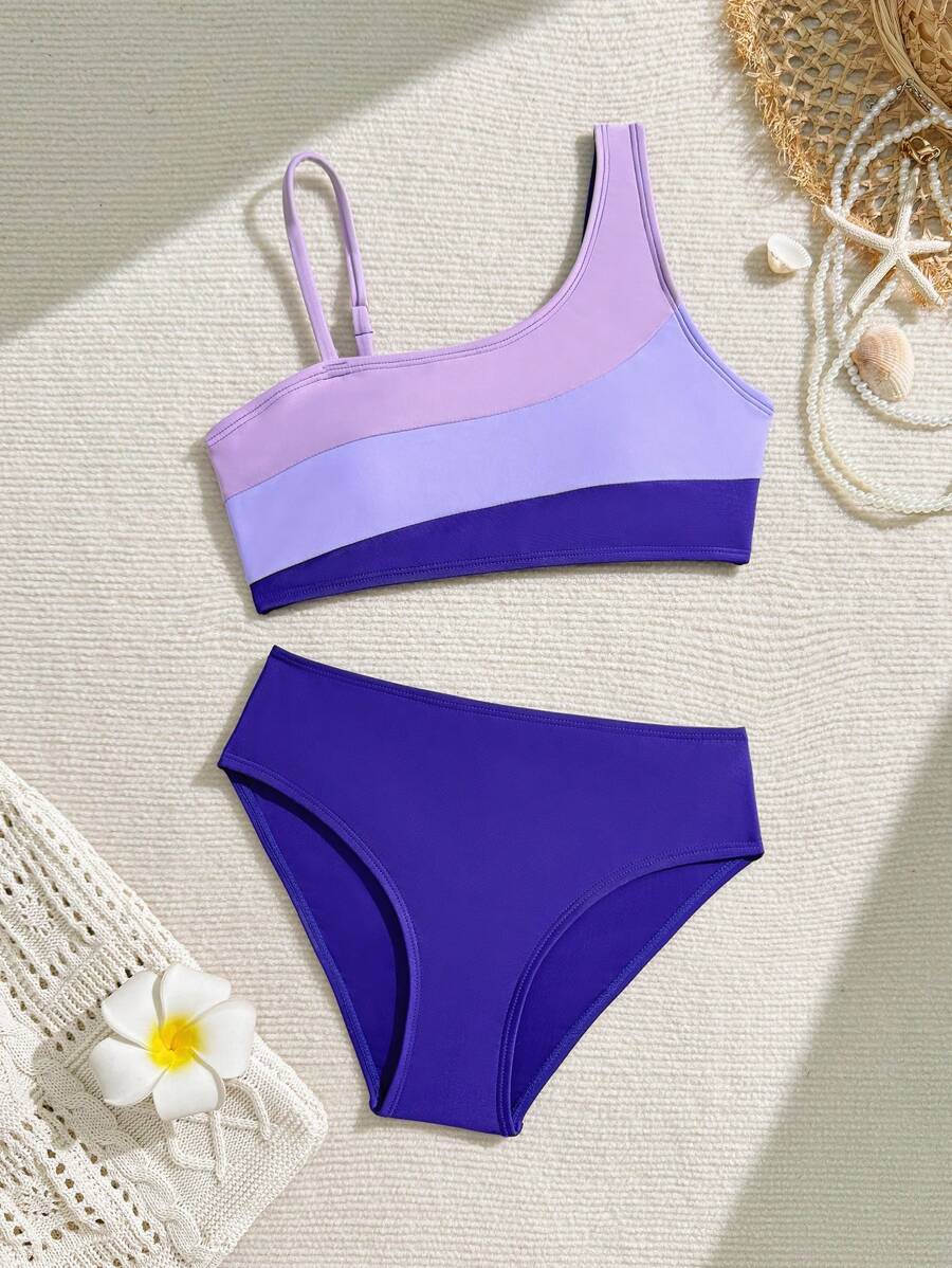 Conjuntos de Maiô Bikini Modesto com Decote Halter Colorblock para ...