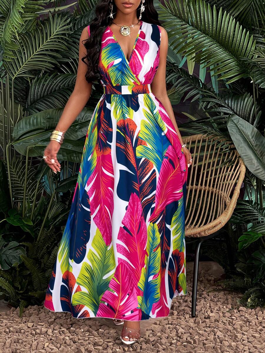 BamGleam Abito lungo da donna con scollo a V profondo, vita sgambata e ...