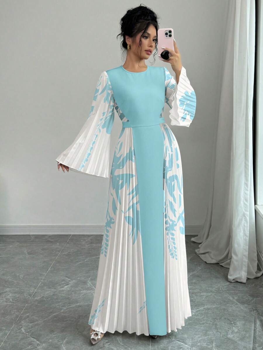 Elenzga Women's Elegant Colorblock Random Print Pleated Patchwork Bell ...