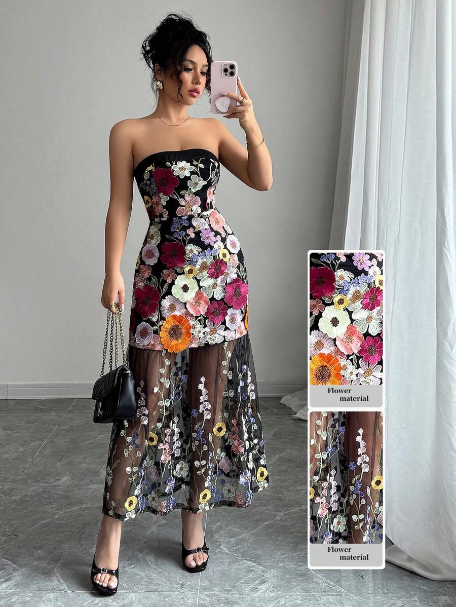 Rafferiza Women's Floral Embroidered Mesh Tube Maxi Dress, Minimalist ...