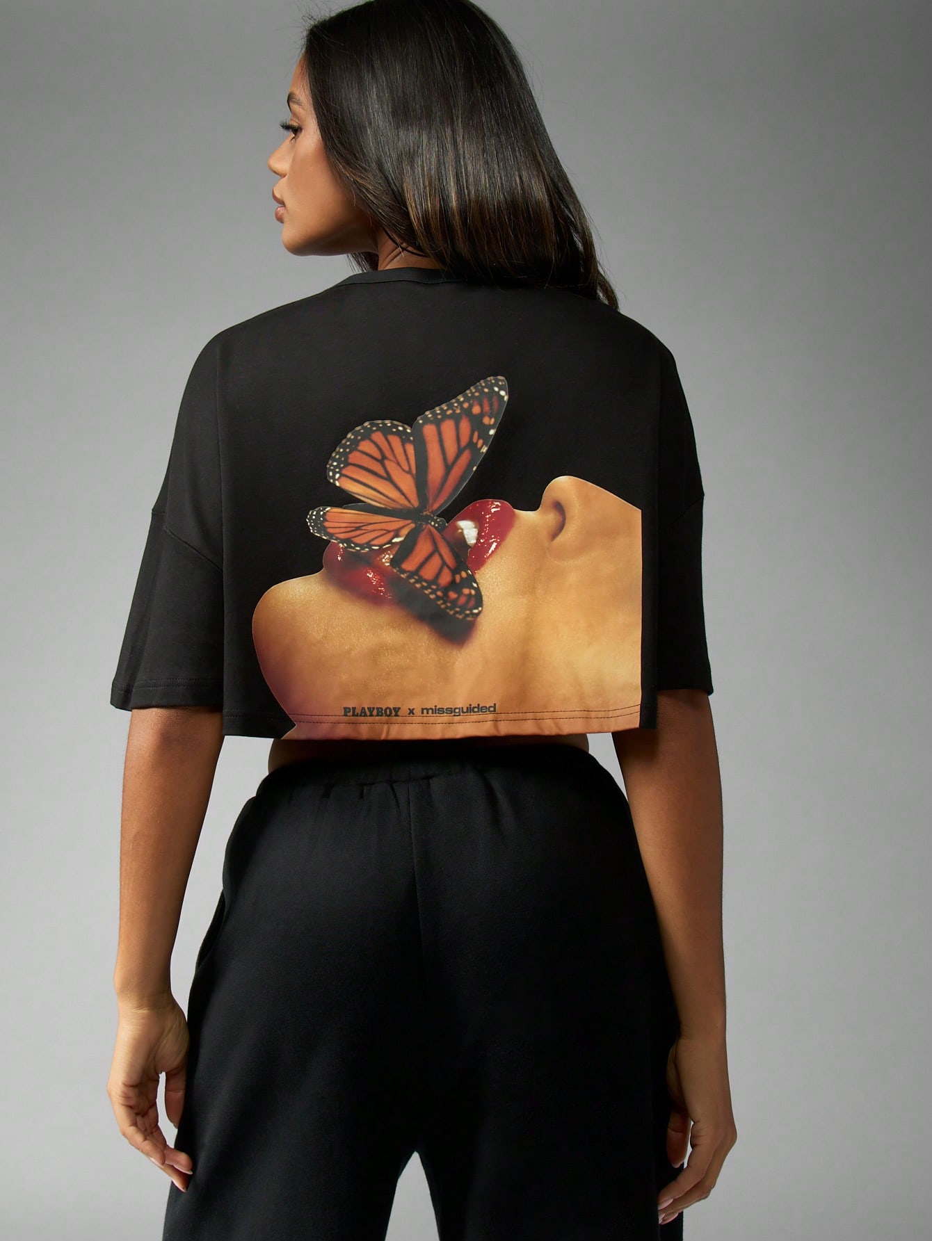 Missguided x Playboy Butterfly Kiss Print Graphic Cropped T-Shirt ...