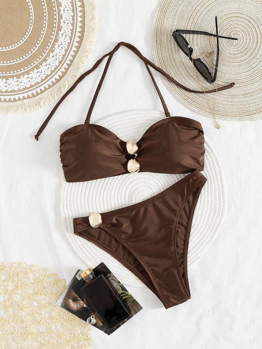 Swim Vcay 2 Stücke/Set Damen Braun Perle Cut Out Metall Dekor Seiten ...