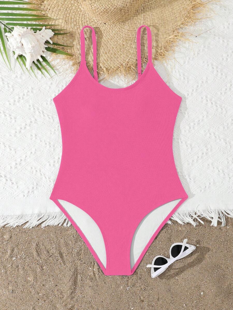 1pc Solid Color Casual Strappy Teen Girl Swimsuit Swimsuits For Girls ...