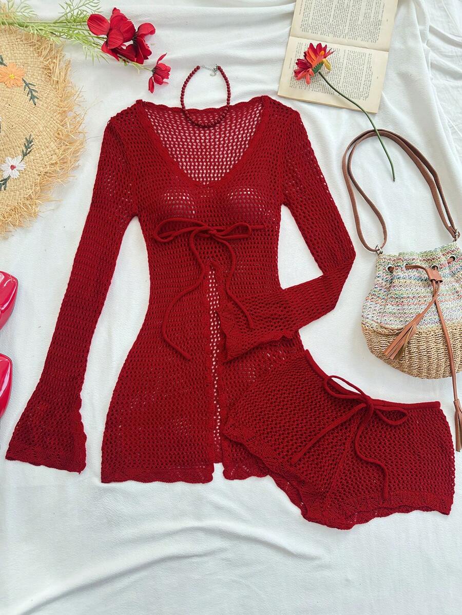 Flirla 2 Pieces Set Casual Loose Vacation Style Solid Color Deep V-Neck ...