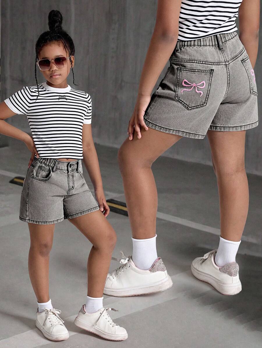 Tween Girls' Bow Embroidery Pocket Fashionable Denim Shorts For Summer ...