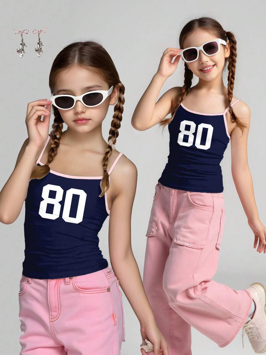 SHEIN Tween Girls Fitted Casual 80s Letter Print Sports Racerback Cami Tank Top Basics Set | SHEIN