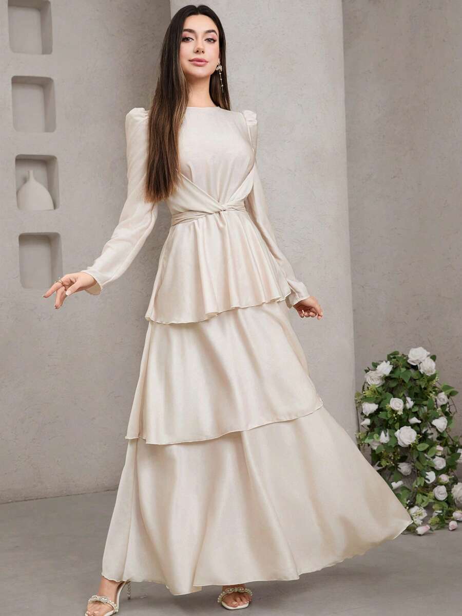 Veilorie Women's Elegant Solid Color Twist Front Ruffle Hem Dress Women ...