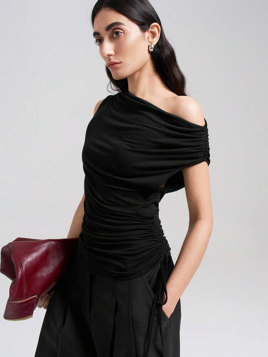 Ontre Elegant Black Off-Shoulder Sleeveless Asymmetrical Hem Twist Front Knitted Stretchy Women ...