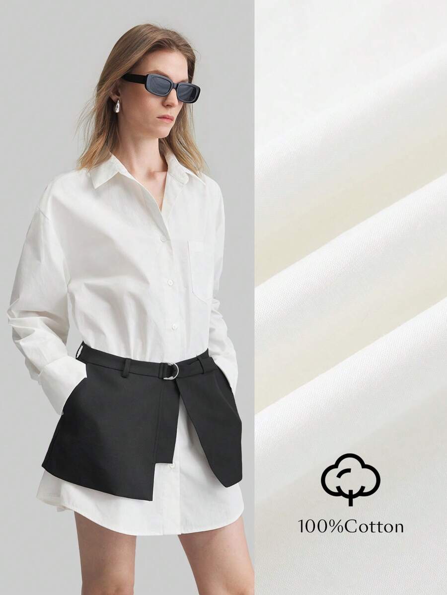 Ontre 2025 New Style White Shirt With Zipper Cuff Design And Belt Waist Feature, Women | SHEIN USA
