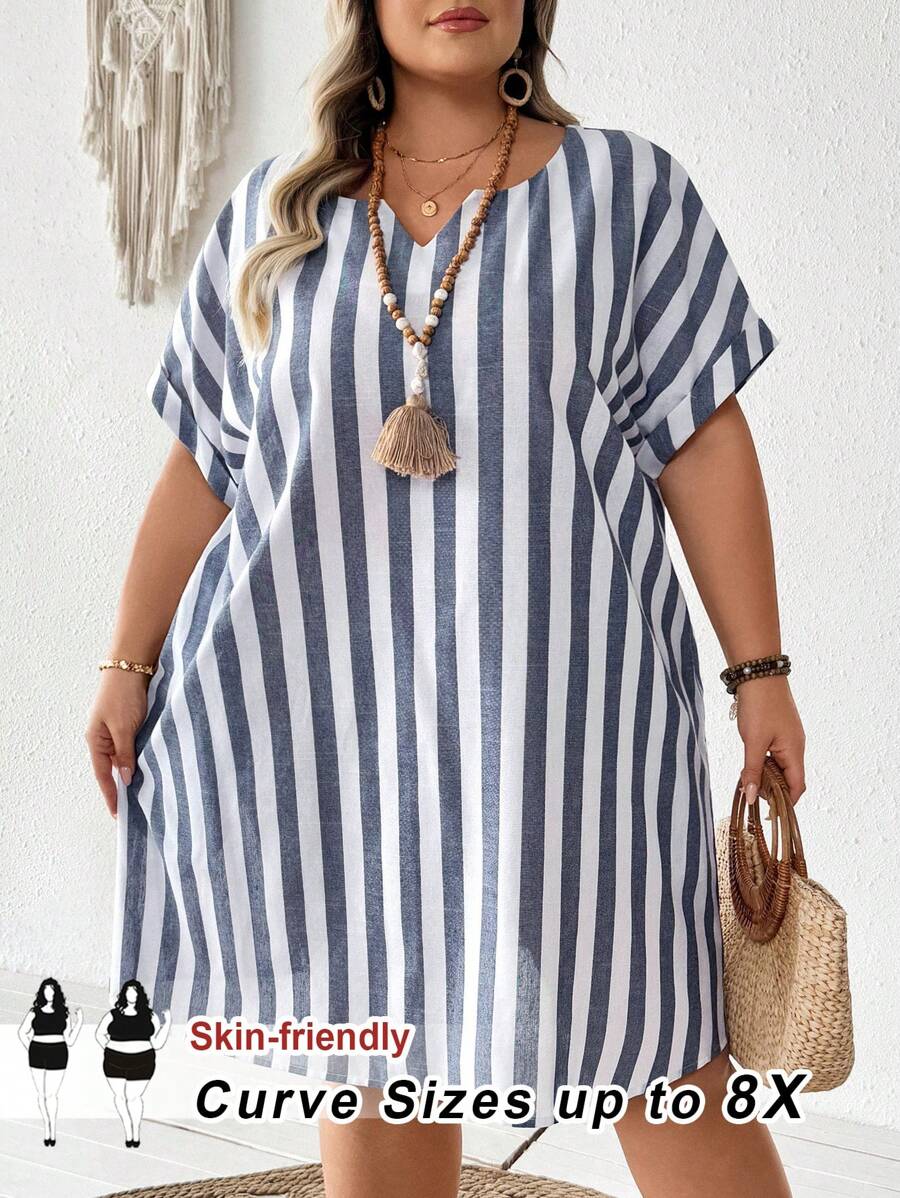 SHEIN CURVE+ CURVE Plus Size Women Early Spring Short Sleeve Striped ...