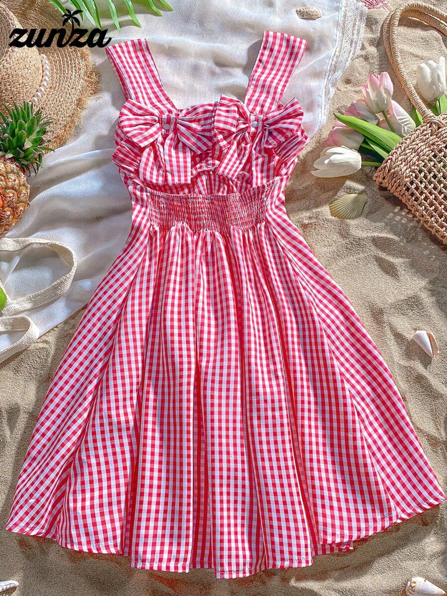 Lunivi Tween Girl' Red Plaid Backless Bow Decor, Fitted Summer Casual ...