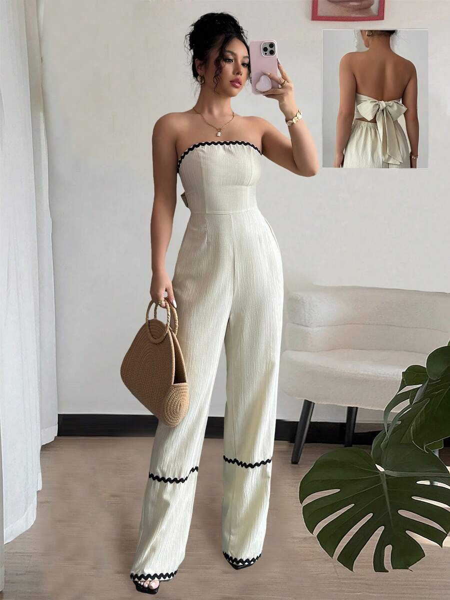Calvaya Women's Elegant Bandeau Contrast Lace Trim Jumpsuit | SHEIN USA