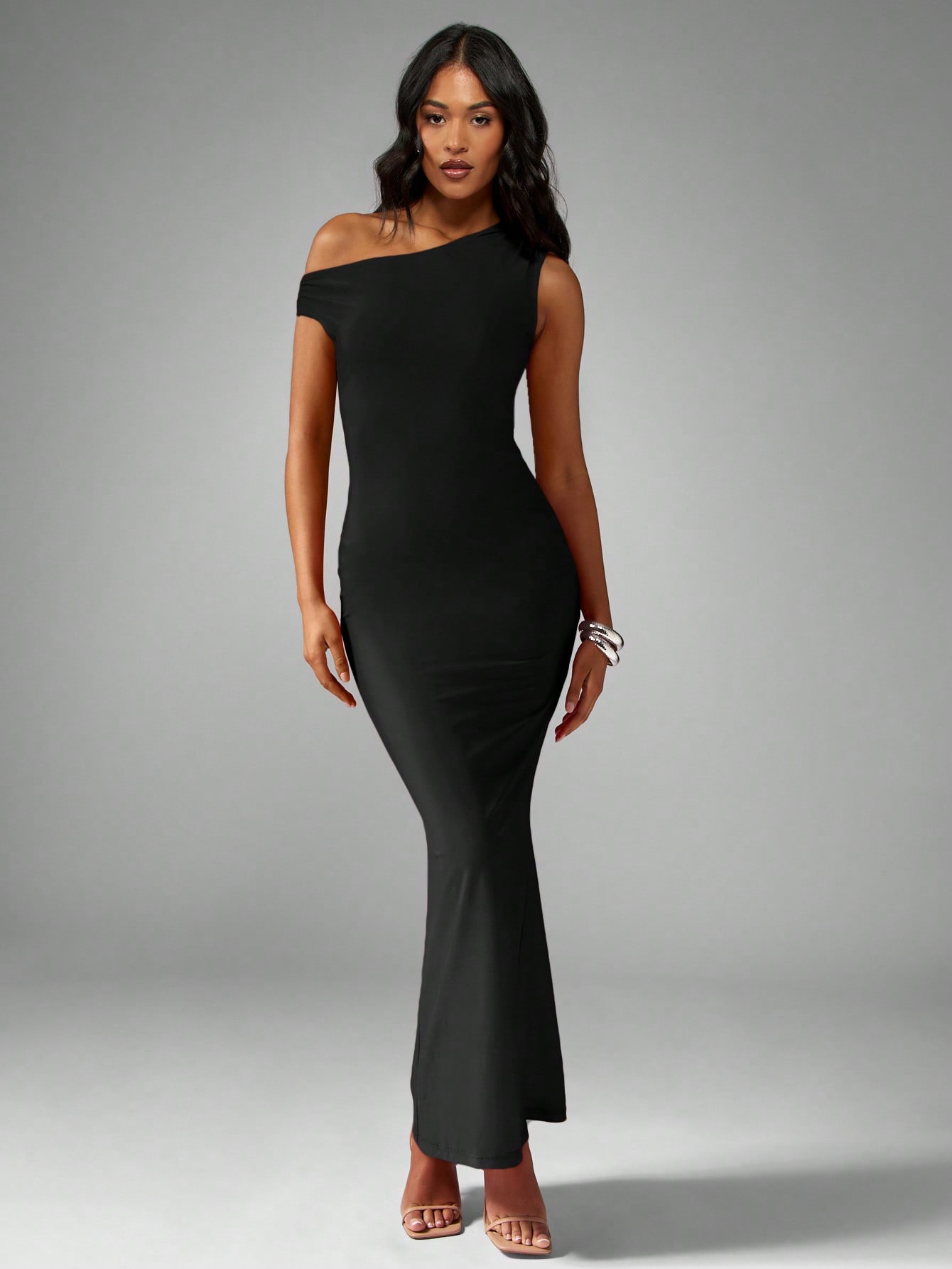 One Shoulder Asymmetric Fishtail Form Fitting Maxi Dress｜MISSGUIDED