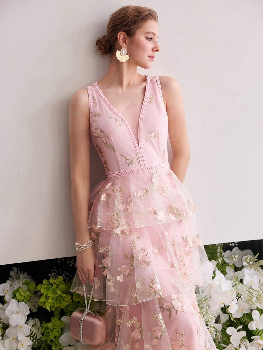 MOTF Soiréza EMBROIDERY CONTRAST MESH COCKTAIL DRESS | SHEIN USA