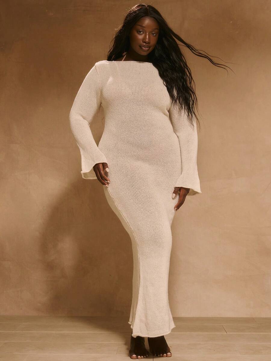 MUSERA Plus Size Slash Neck Ribbed Long Flare Sleeve Maxi Dress Outfit ...