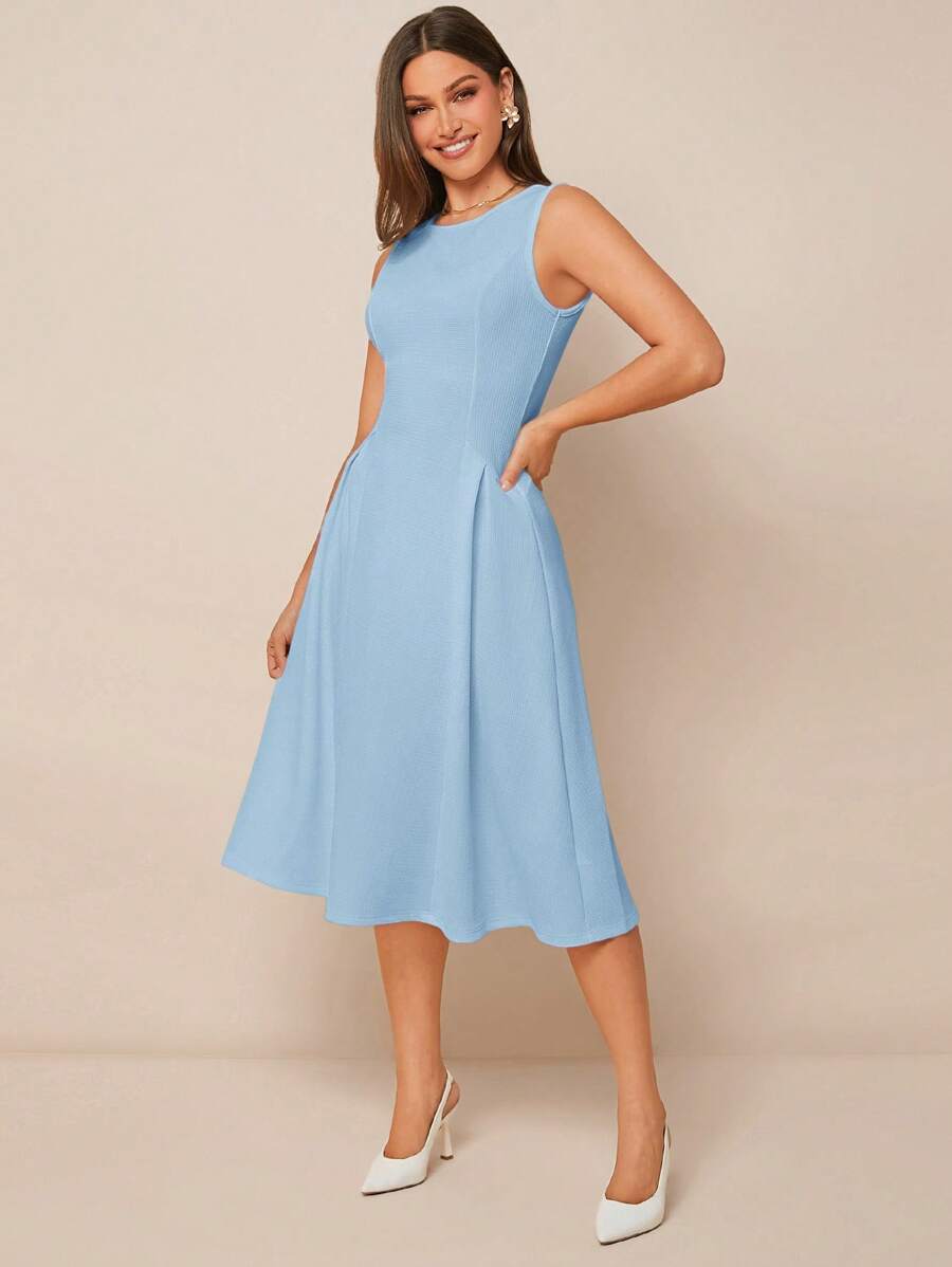 Amorya Women's Elegant Baby Blue Midi Dress: Sleeveless Knitted Flared ...