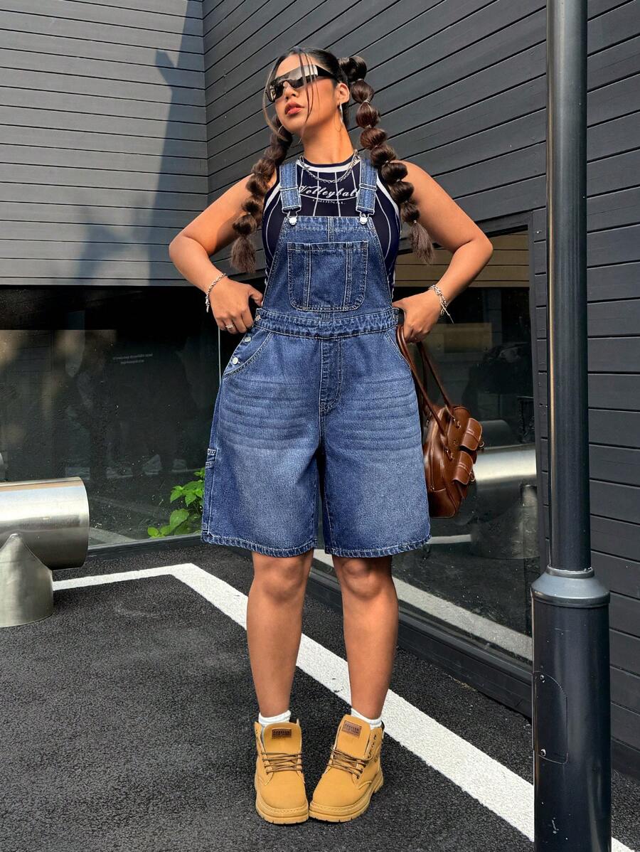 SHEIN ICON Plus Size Casual Washed Blue Loose Denim Bib Overalls | SHEIN