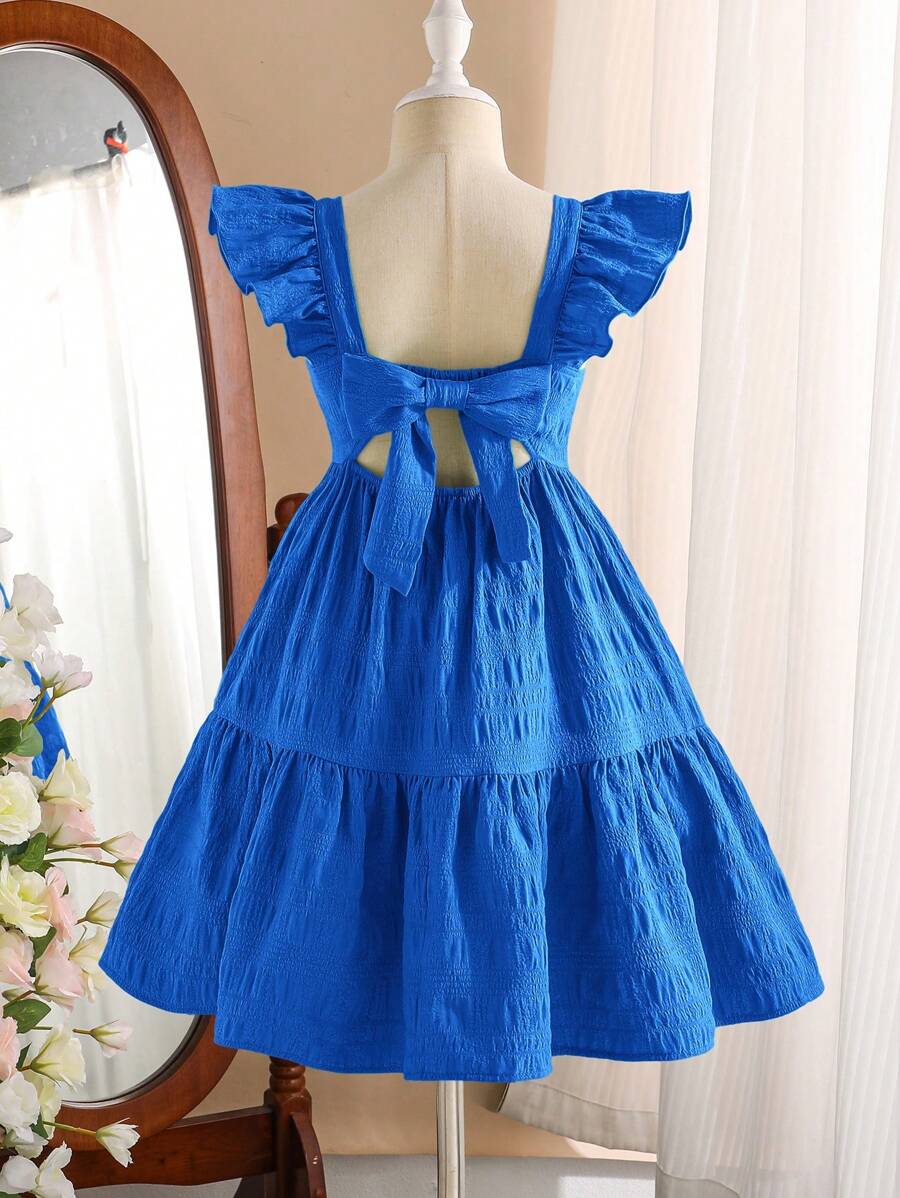 Tween Girl's Peplum Ruffle Sleeve, Bow Back Textured Square Neck Dress ...