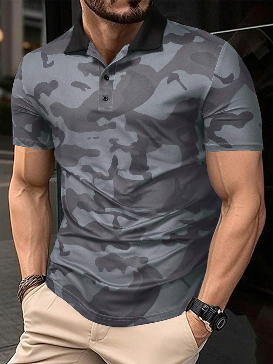 Manfinity Mode Men's Camouflage Print Short Sleeve Polo Shirt , Collar Graphic Colorful Polo ...