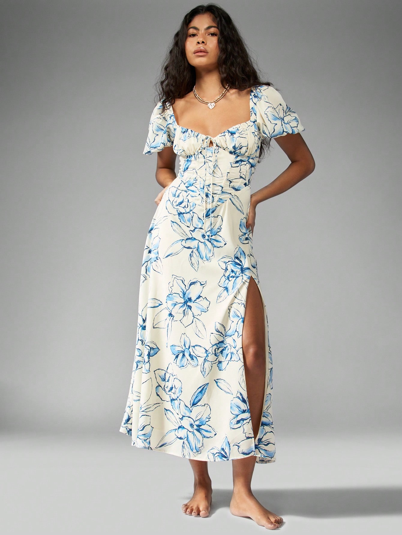 Floral Milkmaid Corset Puff Sleeve Sweetheart Neckline Long Dresses ...