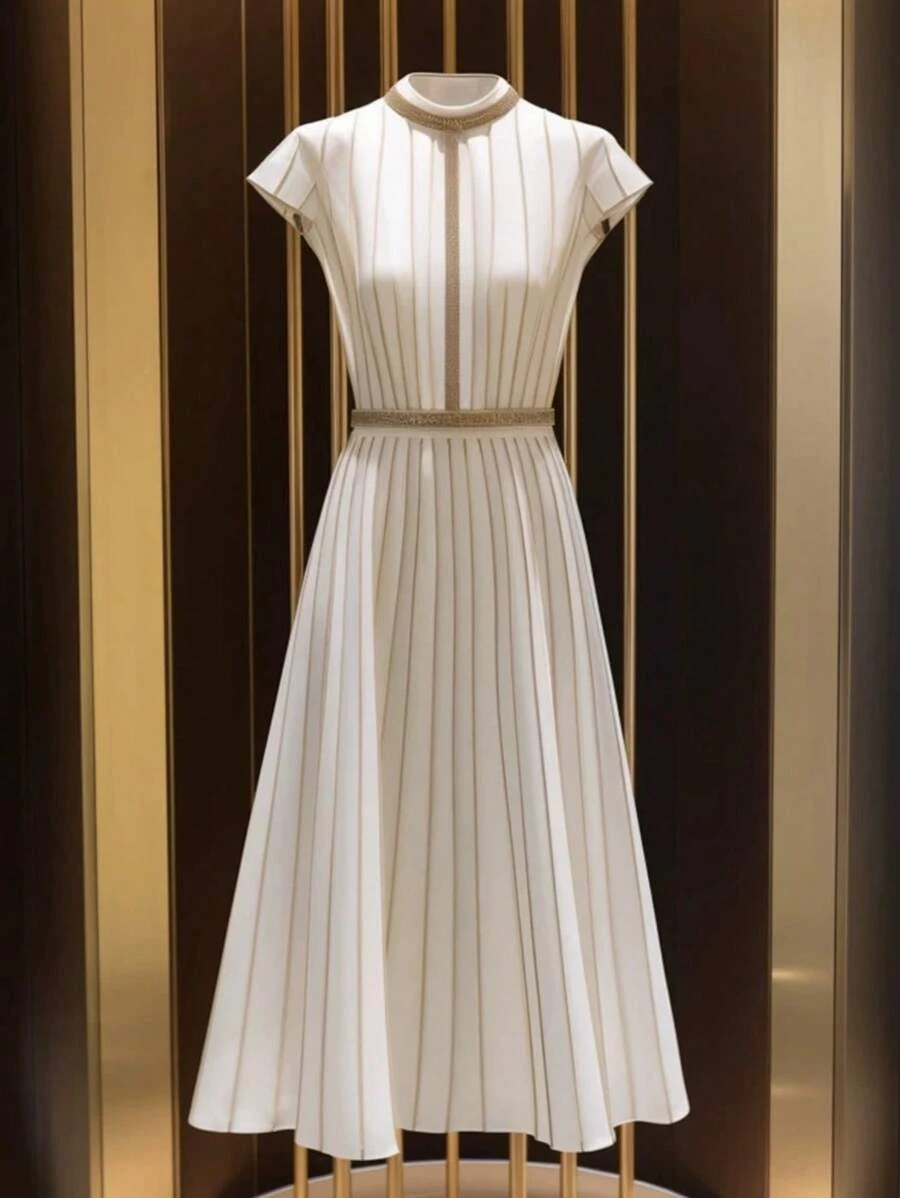 Franclia Women Elegant Striped Dolman Sleeve Dress, Stand Collar ...