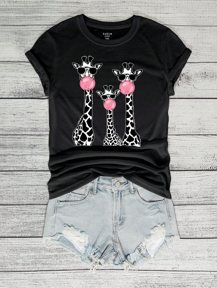 INAWLY Women's Giraffe Print Round Neck Short Sleeve Casual Graphic T ...
