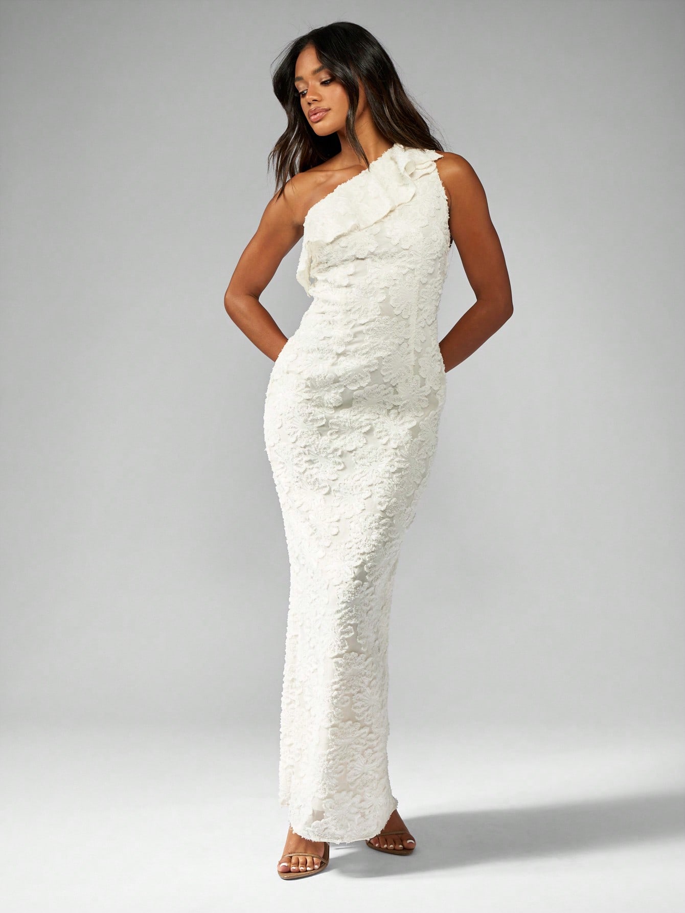 MISSGUIDED One Shoulder Lace Devore Evening Gown Long Formal Ruffle ...