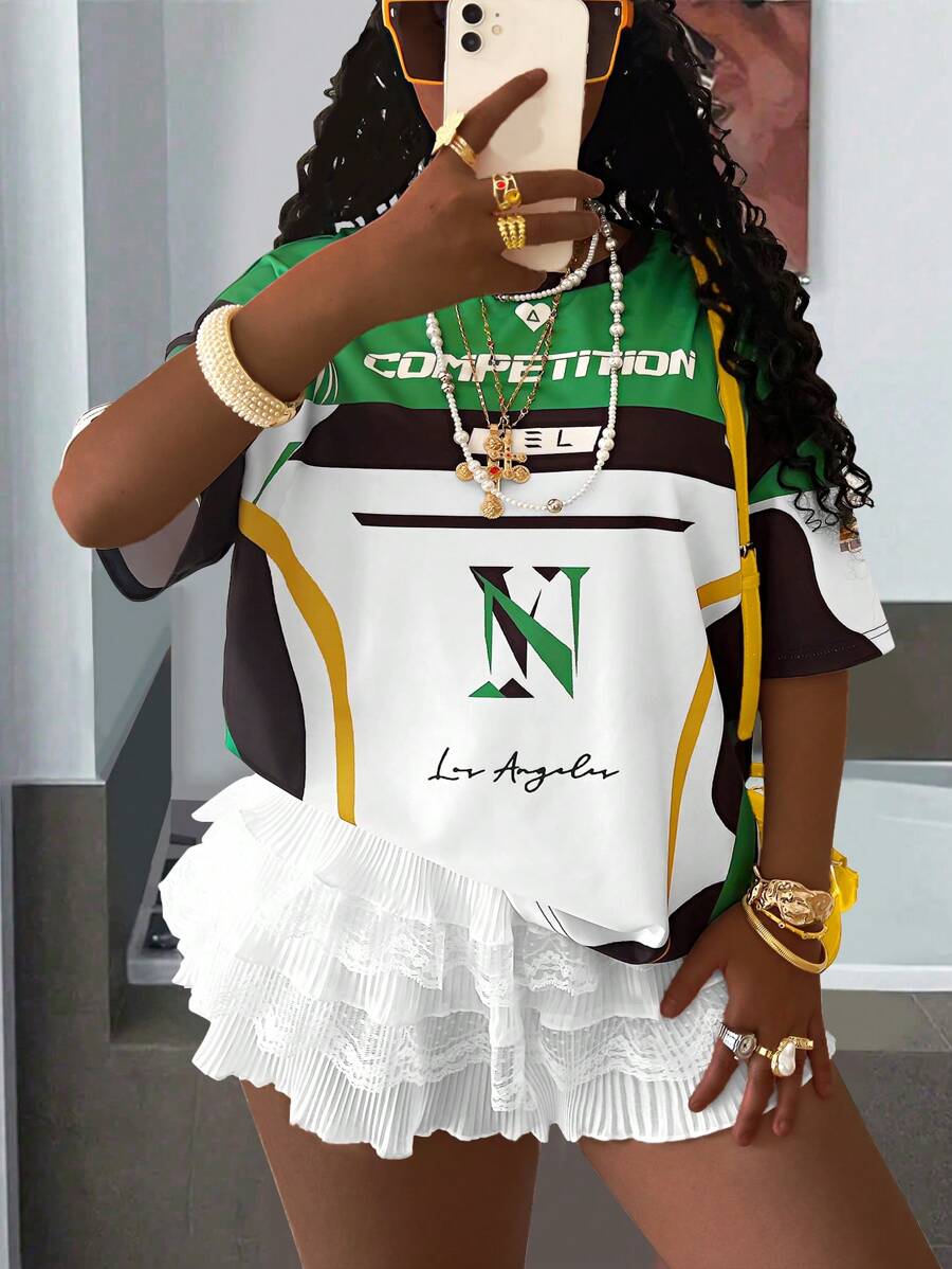 Women's Casual Contrast Color Patchwork Letter Print T-Shirt, Summer ...