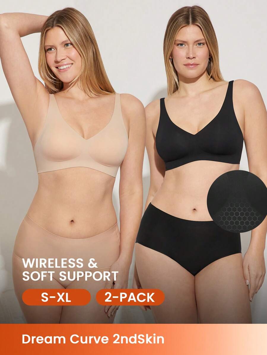 LUVLETTE 2 Pcs Dream Curve 2ndSkin Wireless Seamless Plunge Lounge Sticky Basic SizeFreedom Bra ...