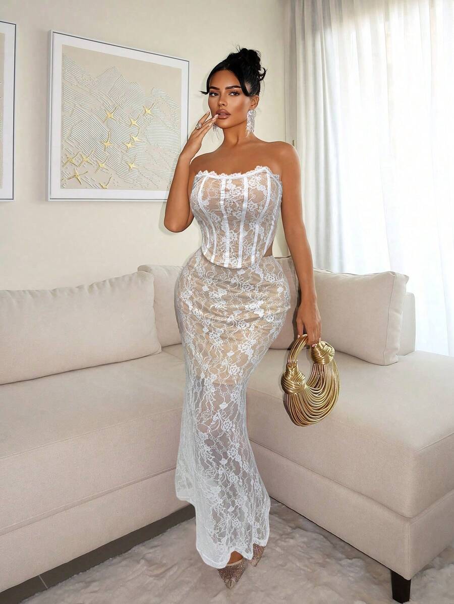 SHEIN SXY Women's Elegant Lace Camisole Top And Fish Tail Skirt 2 ...