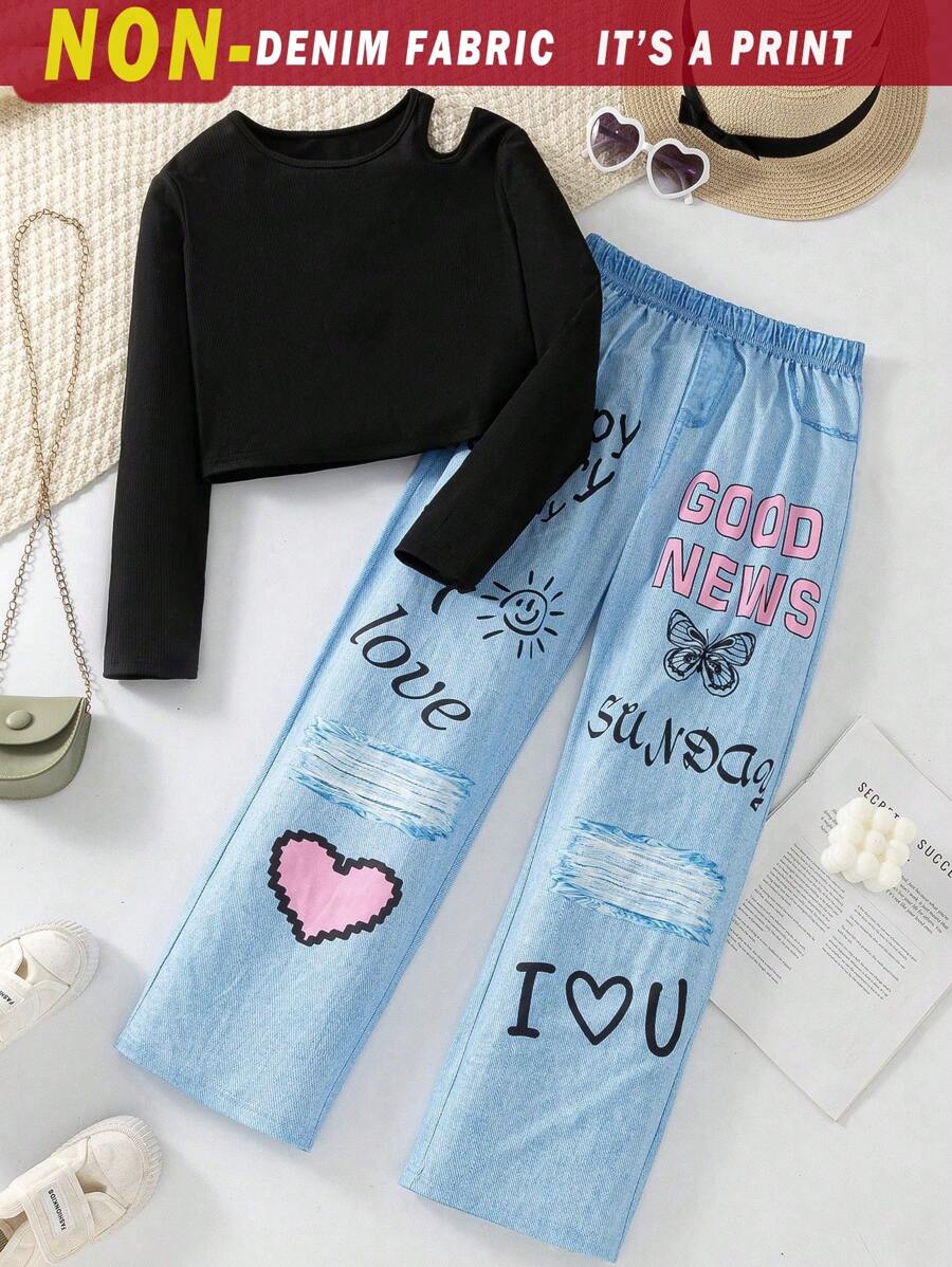 SHEIN Explorewe 2pcs Tween Girls' Black Open Shoulder Long Sleeve T ...