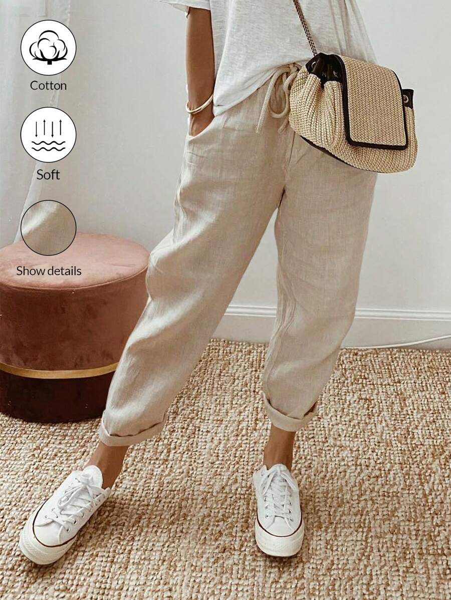 SHEIN PETITE Women's Linen-Feel Casual Pants With Waist Tie And Pockets ...
