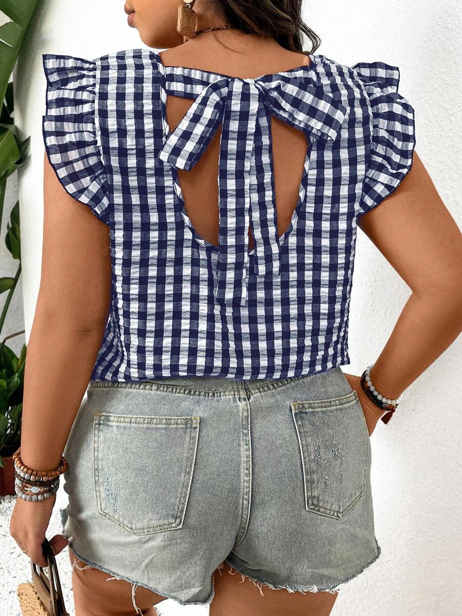 SHEIN Frenchy Plus Size Gingham Print Back-Tied Ruffle Hem Summer ...