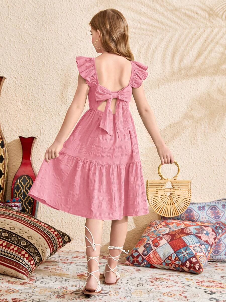 Tween Girls' Ruffle Sleeve Bow Back Square Neck Textured Midi Dress ...