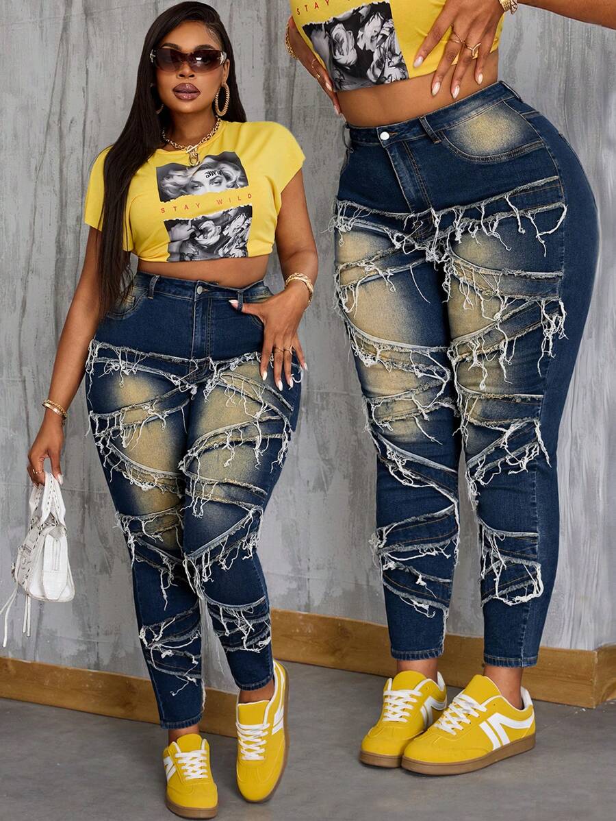 SHEIN SXY Plus Size Vintage Distressed Raw Hem Slim Fit Jeans Autumn ...