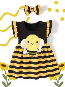SHEIN Infant Baby Girls Cute Bee Pattern Knitted Dress With Headband ...