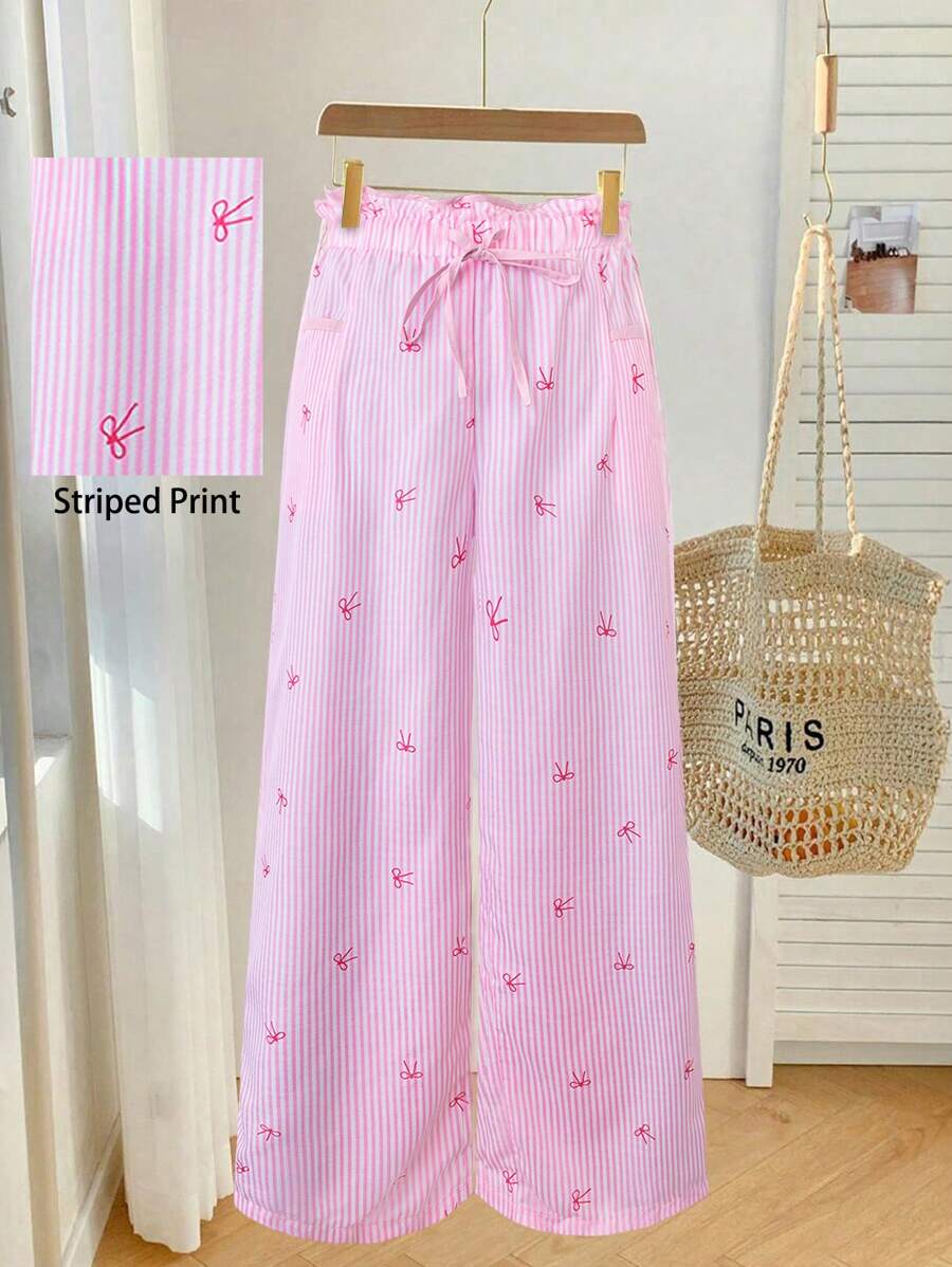 Flirla Plus Size Casual Striped Bow Print Pants | SHEIN USA